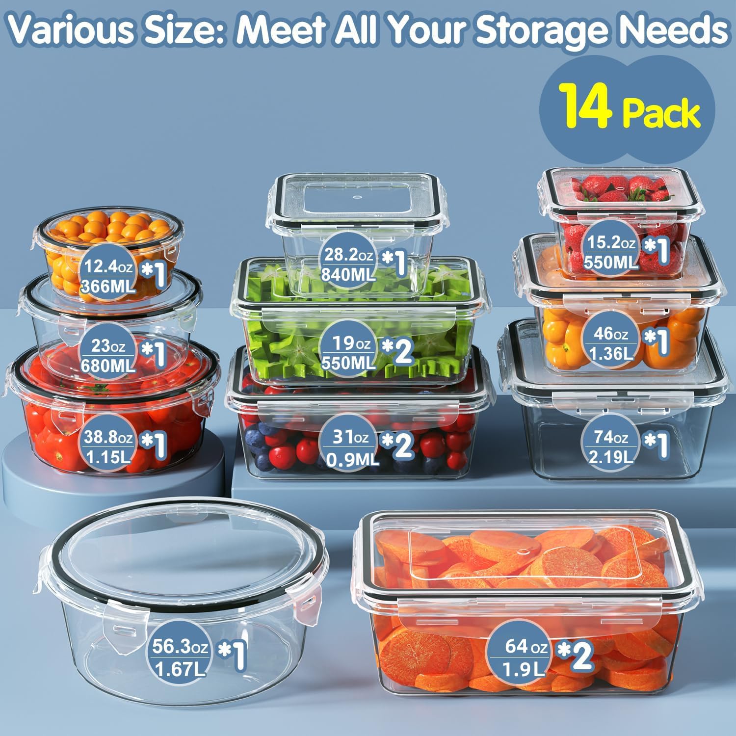 28 Pieces Food Storage Containers with Lids EXTRA LARGE Freezer Containers for Food BPA-Free Meat Fruit Vegetables Plastic Containers for Food with lids Storage Airtight Leak-Proof Food Containers Kitchen Pantry