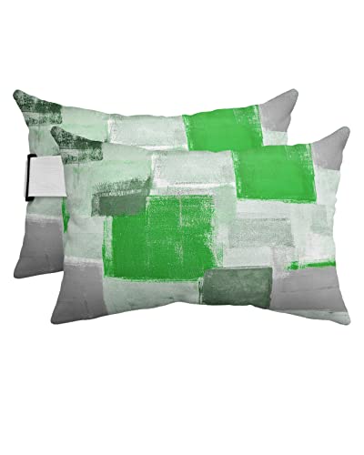 Recliner Head Pillow Ledge Loungers Chair Pillows with Insert Green and Grey Abstract Geometric Lumbar Pillow with Adjustable Strap Outdoor Waterproof Patio Pillows for Beach Pool Chair, 2 PCS