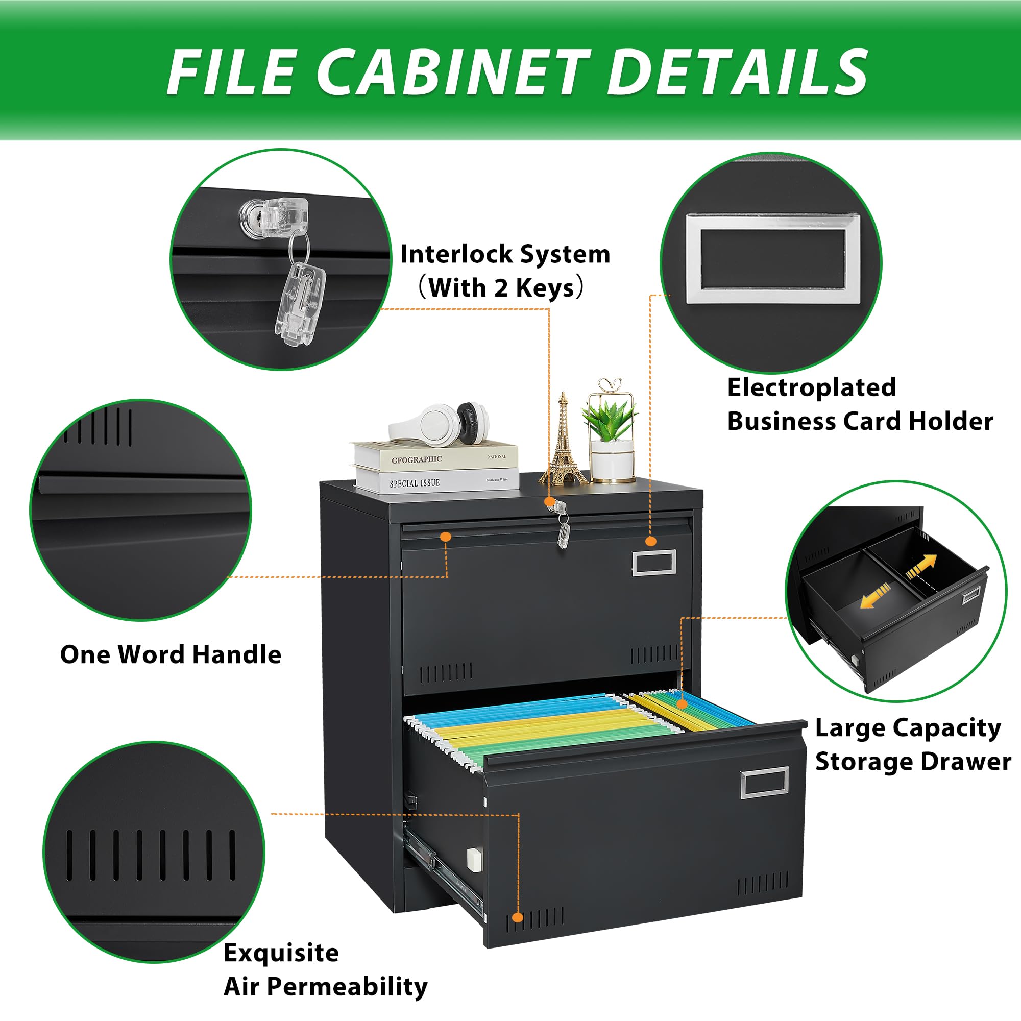 Nanberone Lateral File Cabinet, 2 Drawer Metal Lateral Filing Cabinet Hanging File with Lock for for Legal/Letter/F4 Size, Large Printer Stand Lockable File Cabinets for Home Office School, Black