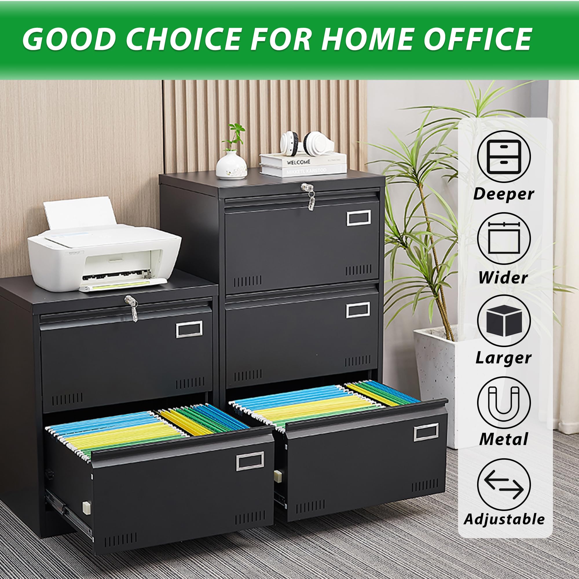 Nanberone Lateral File Cabinet, 2 Drawer Metal Lateral Filing Cabinet Hanging File with Lock for for Legal/Letter/F4 Size, Large Printer Stand Lockable File Cabinets for Home Office School, Black