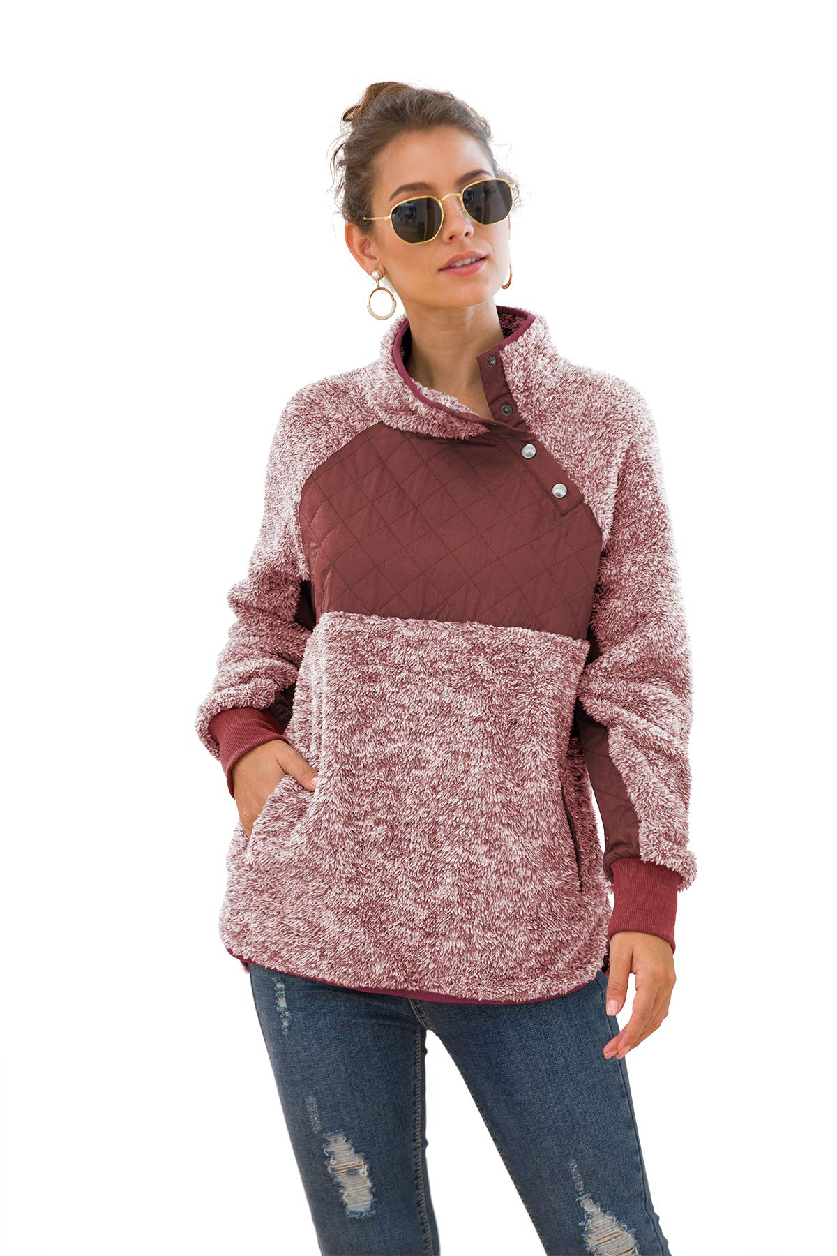VIISHOW Women Long Sleeves Color-block Asymmetrical Paneled Long Sleeve Sweatshirt Pocket Sherpa Fleece Pullover Coat Jujube Red XX-Large
