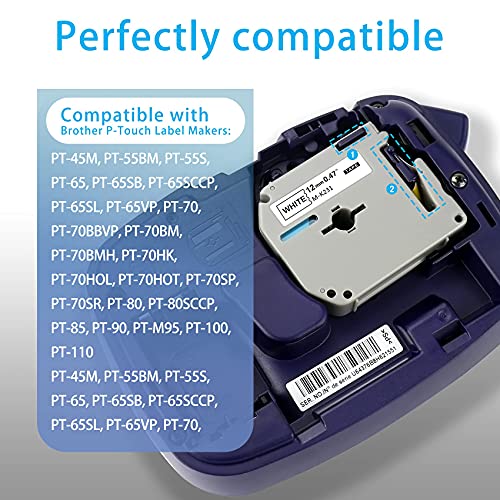 5PK 12mm 0.47 M-K231s M Tape Compatible with Brother M Tape 12mm 0.47 White M-k231 M-k231s,Black on White for Brother 12mm 1/2 M Tape Label Maker Tape for Brother PTouch PT-65 PT-90 PT-M95 PT-70BM