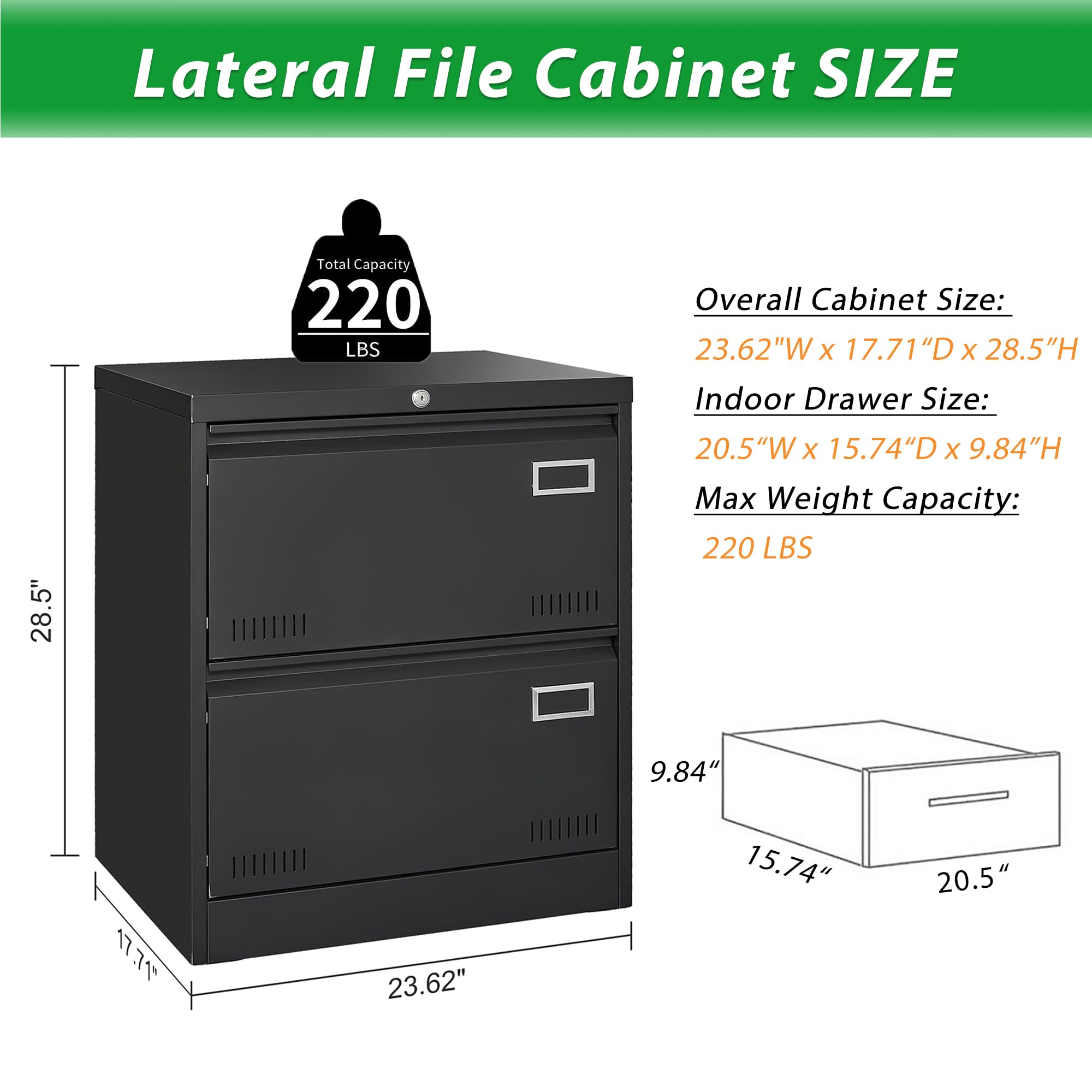 Nanberone Lateral File Cabinet, 2 Drawer Metal Lateral Filing Cabinet Hanging File with Lock for for Legal/Letter/F4 Size, Large Printer Stand Lockable File Cabinets for Home Office School, Black