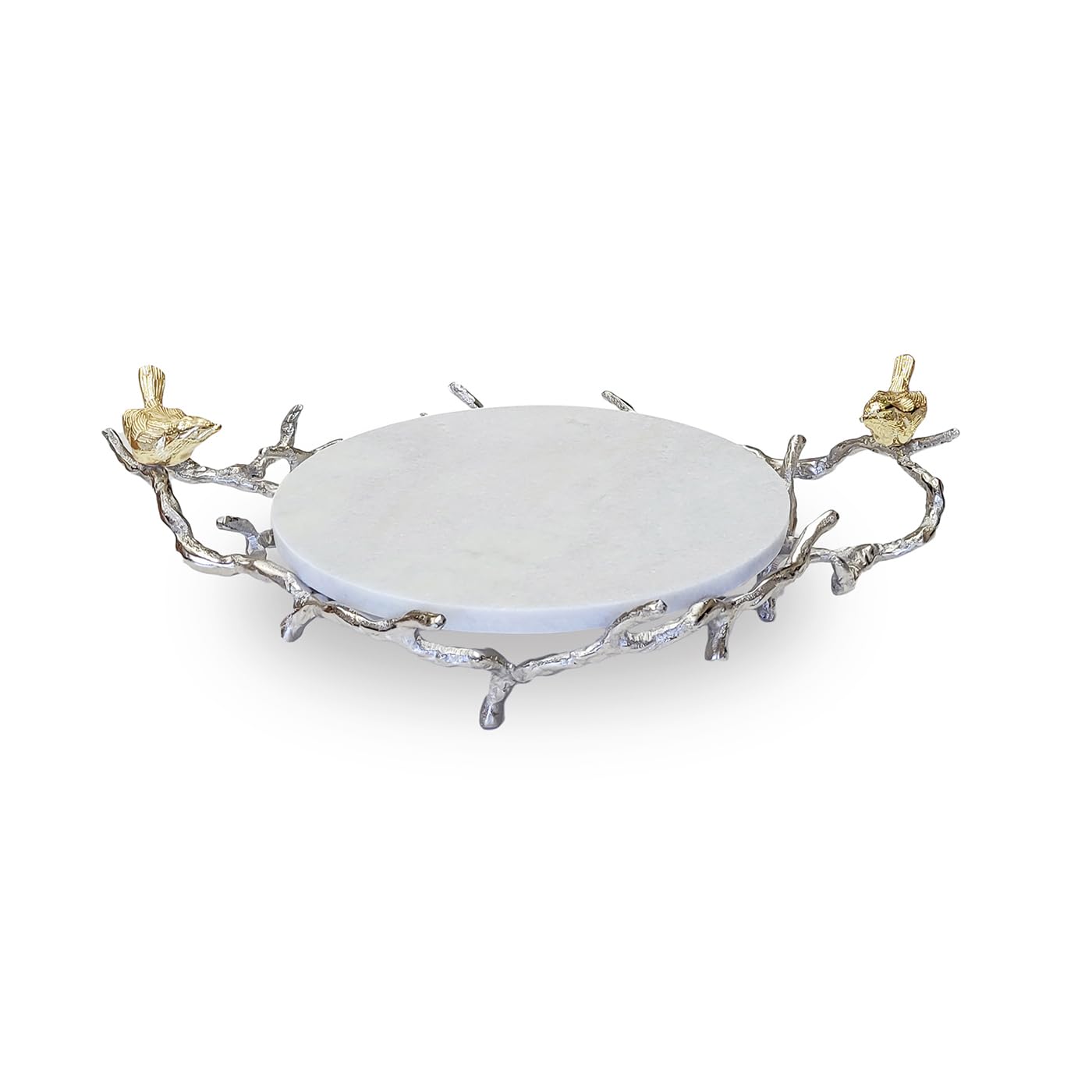 Vespa 17" Branch with Birds Decorative Round Marble Tray, White Marble