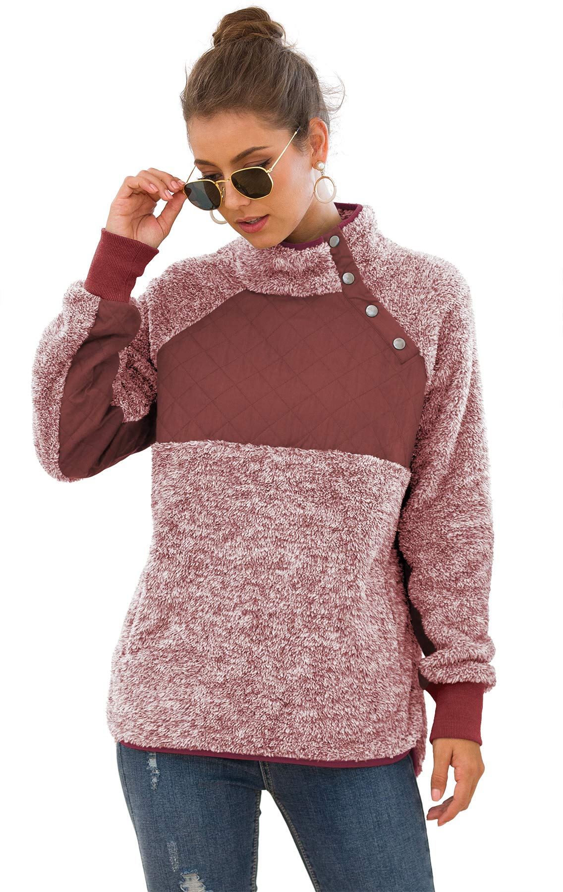 VIISHOW Women Long Sleeves Color-block Asymmetrical Paneled Long Sleeve Sweatshirt Pocket Sherpa Fleece Pullover Coat Jujube Red XX-Large