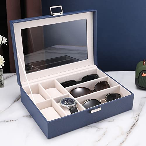 IVZISOWatch Box Display Cabinet Glasses Organizer, Jewelry Organizer, 4 Compartment Watch Organizer and 3 Compartment Glasses Case, Best Gift for Men and Women (Blue)