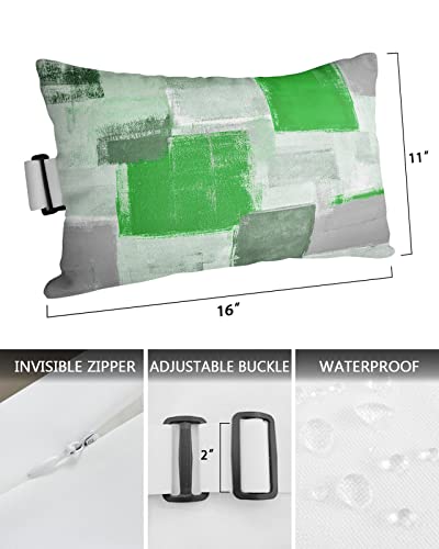 Recliner Head Pillow Ledge Loungers Chair Pillows with Insert Green and Grey Abstract Geometric Lumbar Pillow with Adjustable Strap Outdoor Waterproof Patio Pillows for Beach Pool Chair, 2 PCS
