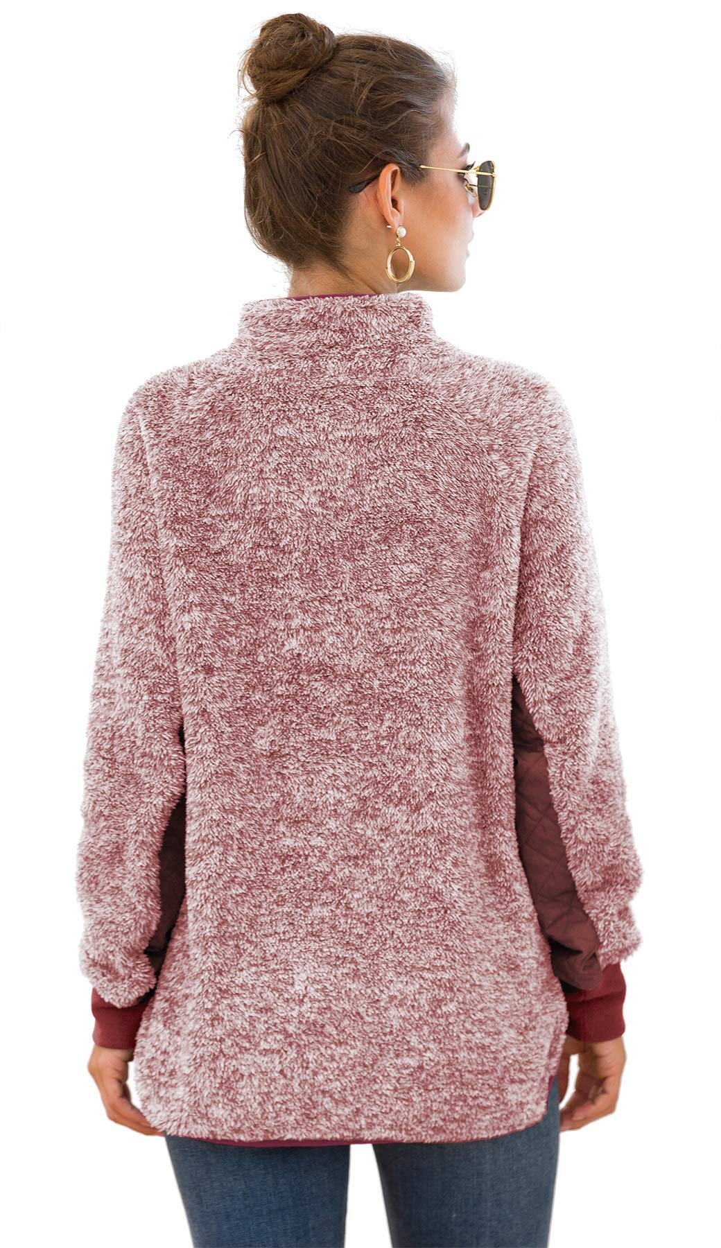 VIISHOW Women Long Sleeves Color-block Asymmetrical Paneled Long Sleeve Sweatshirt Pocket Sherpa Fleece Pullover Coat Jujube Red XX-Large