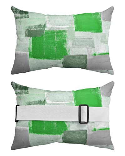 Recliner Head Pillow Ledge Loungers Chair Pillows with Insert Green and Grey Abstract Geometric Lumbar Pillow with Adjustable Strap Outdoor Waterproof Patio Pillows for Beach Pool Chair, 2 PCS