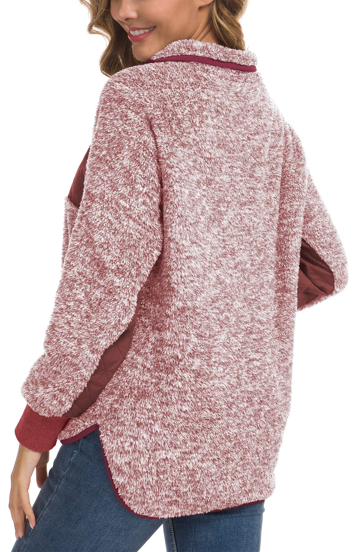 VIISHOW Women Long Sleeves Color-block Asymmetrical Paneled Long Sleeve Sweatshirt Pocket Sherpa Fleece Pullover Coat Jujube Red XX-Large