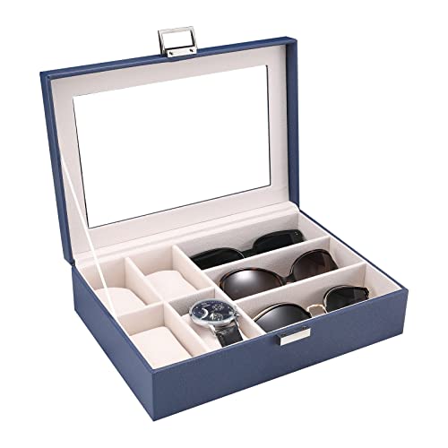 IVZISOWatch Box Display Cabinet Glasses Organizer, Jewelry Organizer, 4 Compartment Watch Organizer and 3 Compartment Glasses Case, Best Gift for Men and Women (Blue)