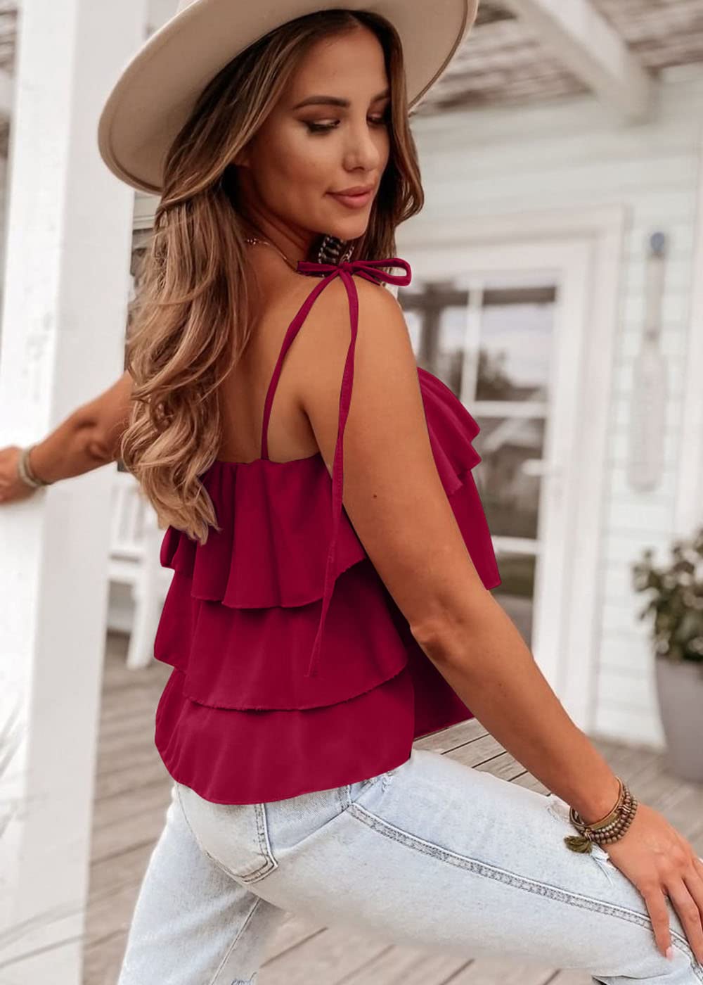 KIRUNDO Women's 2025 Summer Spaghetti Strap Cami Tank Tops Tiered Ruffle Tie Shoulder Flowy Sleeveless Shirts Camisole(Jujube Red, Medium)
