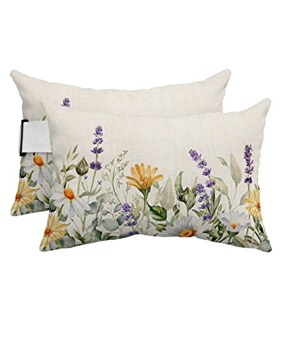 Recliner Head Pillow Ledge Loungers Chair Pillows with Insert Daisy Spring Plants Leaf Lavender Retro Linen Texture Summer Lumbar Pillow with Adjustable Strap Patio Cushion for Bench Couch, 2 PCS