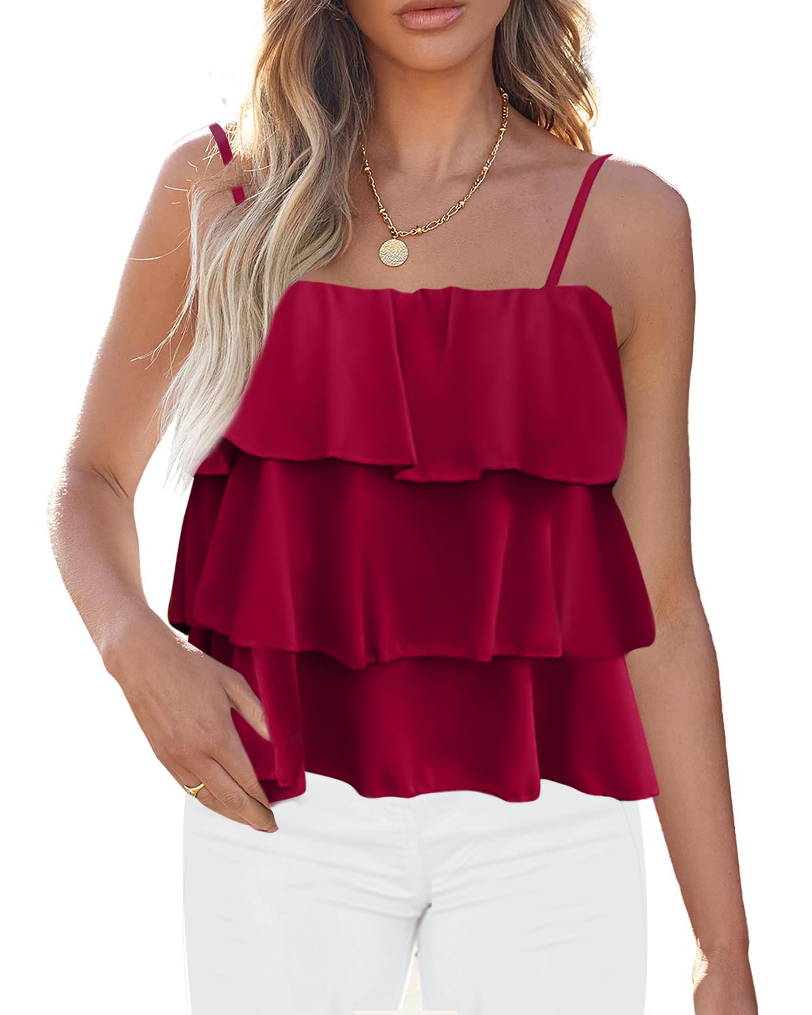 KIRUNDO Women's 2025 Summer Spaghetti Strap Cami Tank Tops Tiered Ruffle Tie Shoulder Flowy Sleeveless Shirts Camisole(Jujube Red, Medium)