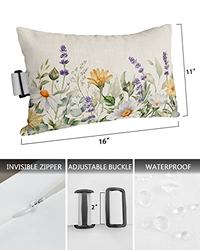 Recliner Head Pillow Ledge Loungers Chair Pillows with Insert Daisy Spring Plants Leaf Lavender Retro Linen Texture Summer Lumbar Pillow with Adjustable Strap Patio Cushion for Bench Couch, 2 PCS