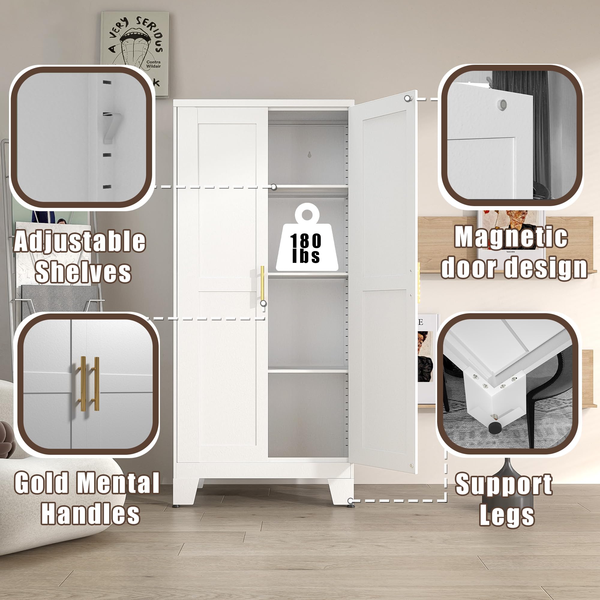 White Metal Pantry Cabinet with 2 Doors and Adjustable Shelves, 61" Kitchen Storage cabinets with Gold Handles, Versatile Storage for Laundry/Living/Dinning Room, Bathroom,Utility Room