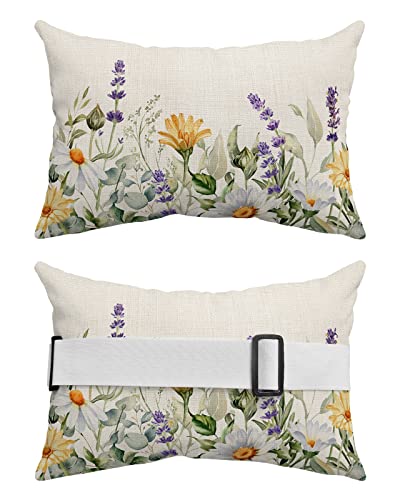 Recliner Head Pillow Ledge Loungers Chair Pillows with Insert Daisy Spring Plants Leaf Lavender Retro Linen Texture Summer Lumbar Pillow with Adjustable Strap Patio Cushion for Bench Couch, 2 PCS