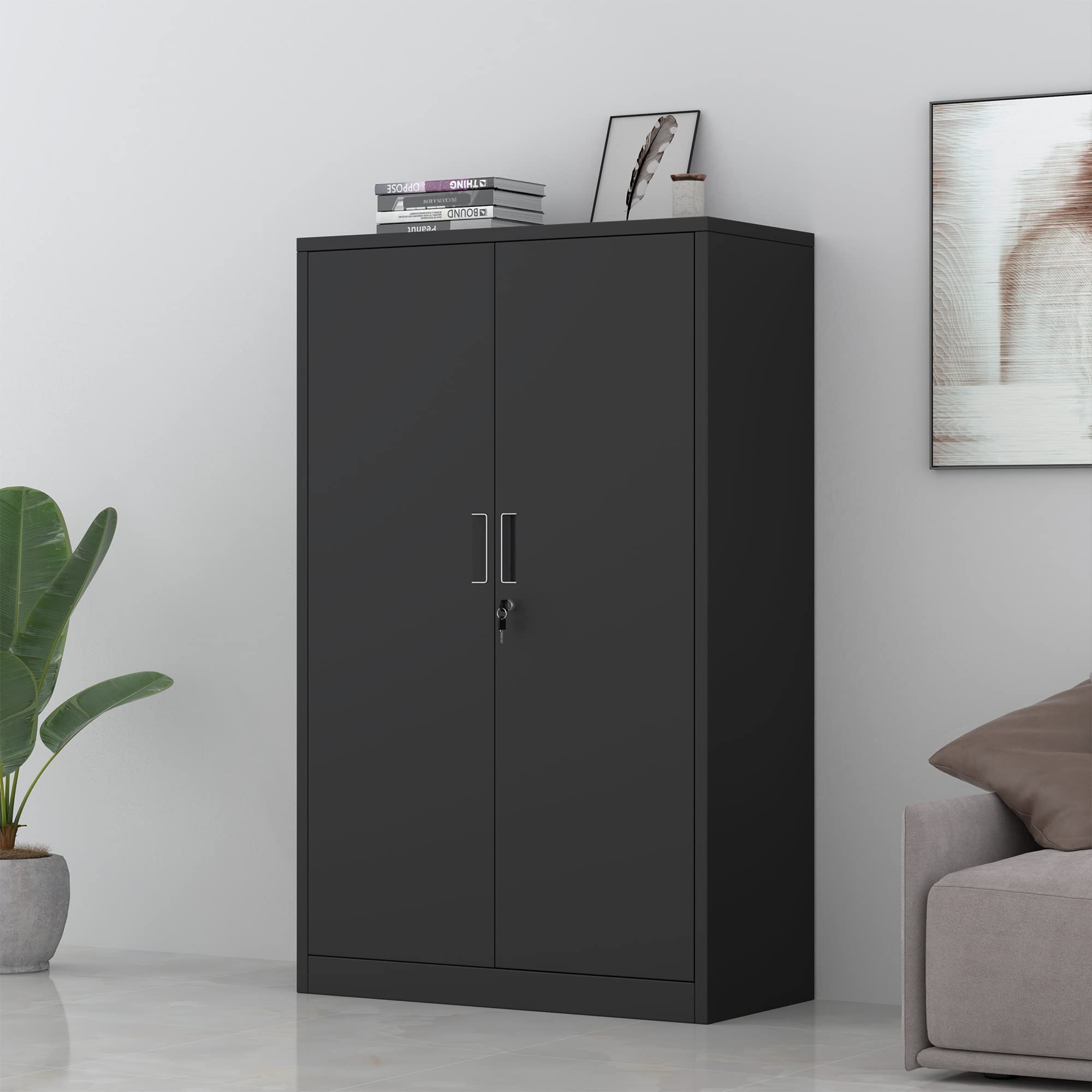 iJINGUR Metal Storage Cabinet with Locking Doors and 3 Adjustable Shelves, 53.5-Inch Tall Lockable Steel Storage Cabinets for Home Office Garage Pantry (Black)