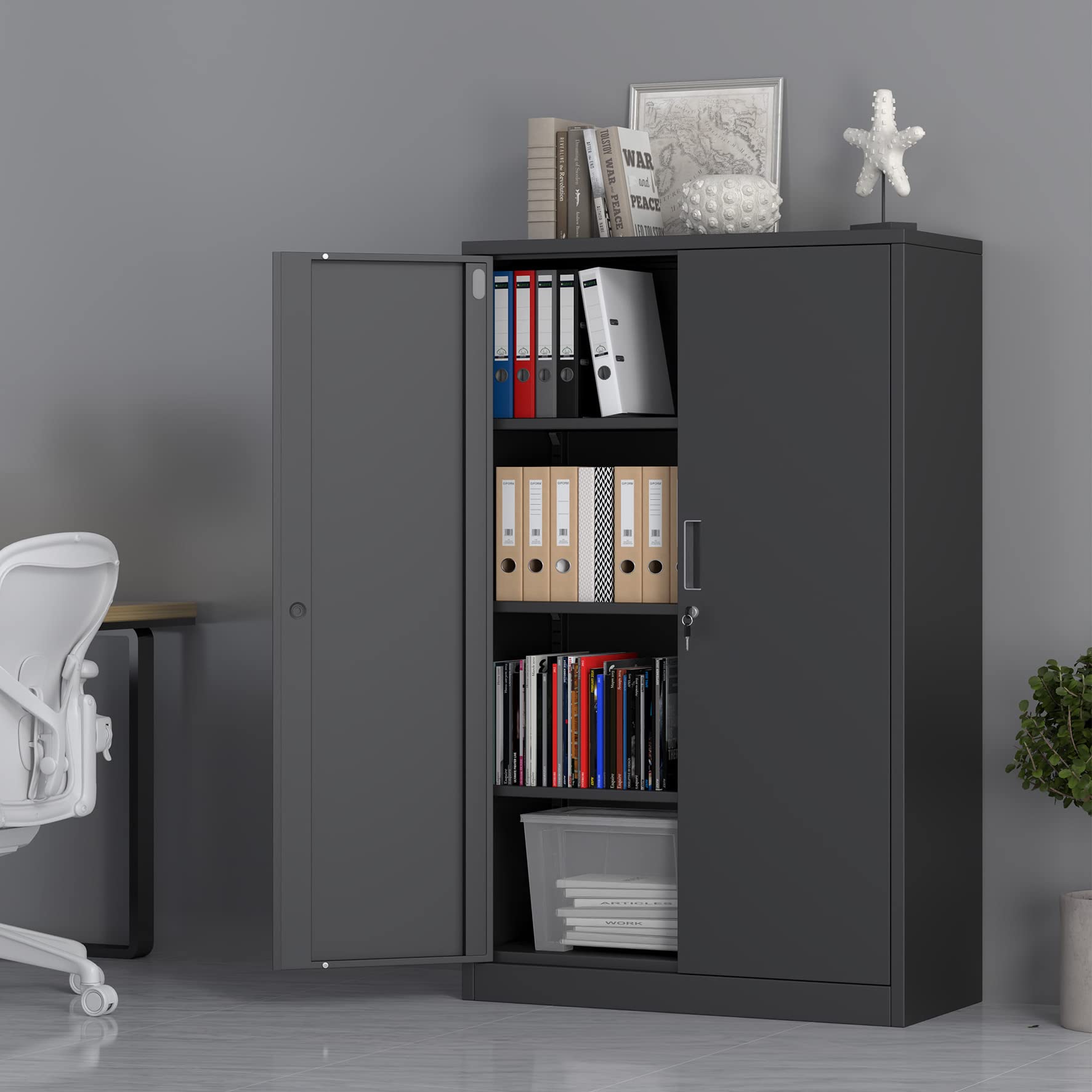 iJINGUR Metal Storage Cabinet with Locking Doors and 3 Adjustable Shelves, 53.5-Inch Tall Lockable Steel Storage Cabinets for Home Office Garage Pantry (Black)