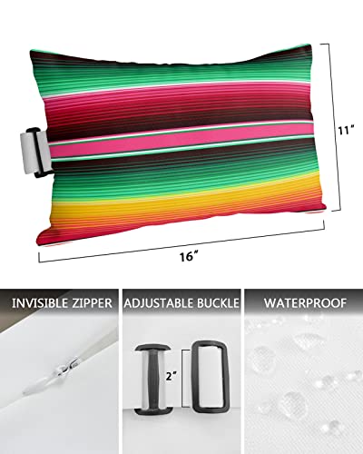 Recliner Head Pillow Ledge Loungers Chair Pillows with Insert Colorful Mexican Stripes Green Red Yellow Lumbar Pillow with Adjustable Strap Outdoor Waterproof Patio Pillows for Beach Pool, 2 PCS