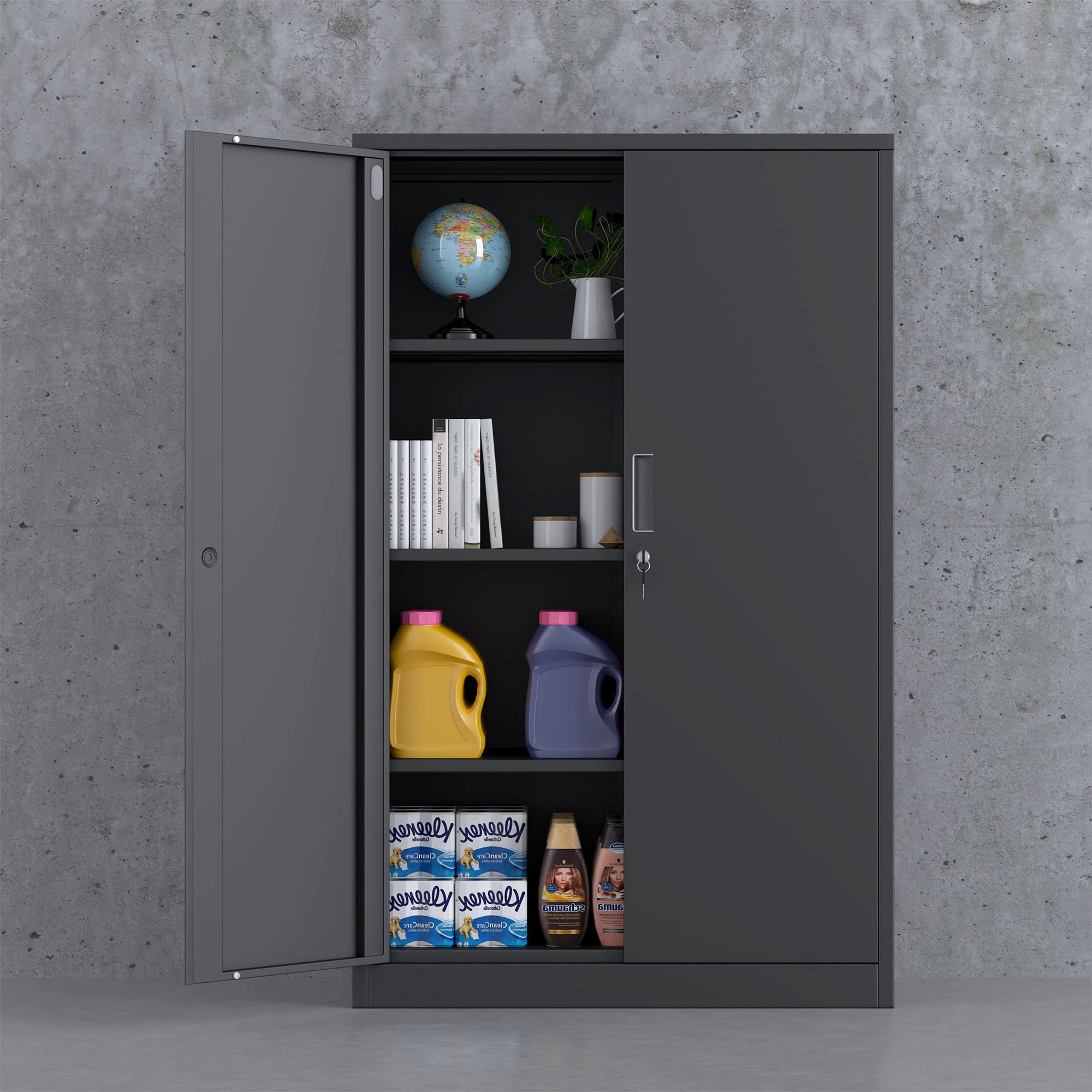 iJINGUR Metal Storage Cabinet with Locking Doors and 3 Adjustable Shelves, 53.5-Inch Tall Lockable Steel Storage Cabinets for Home Office Garage Pantry (Black)