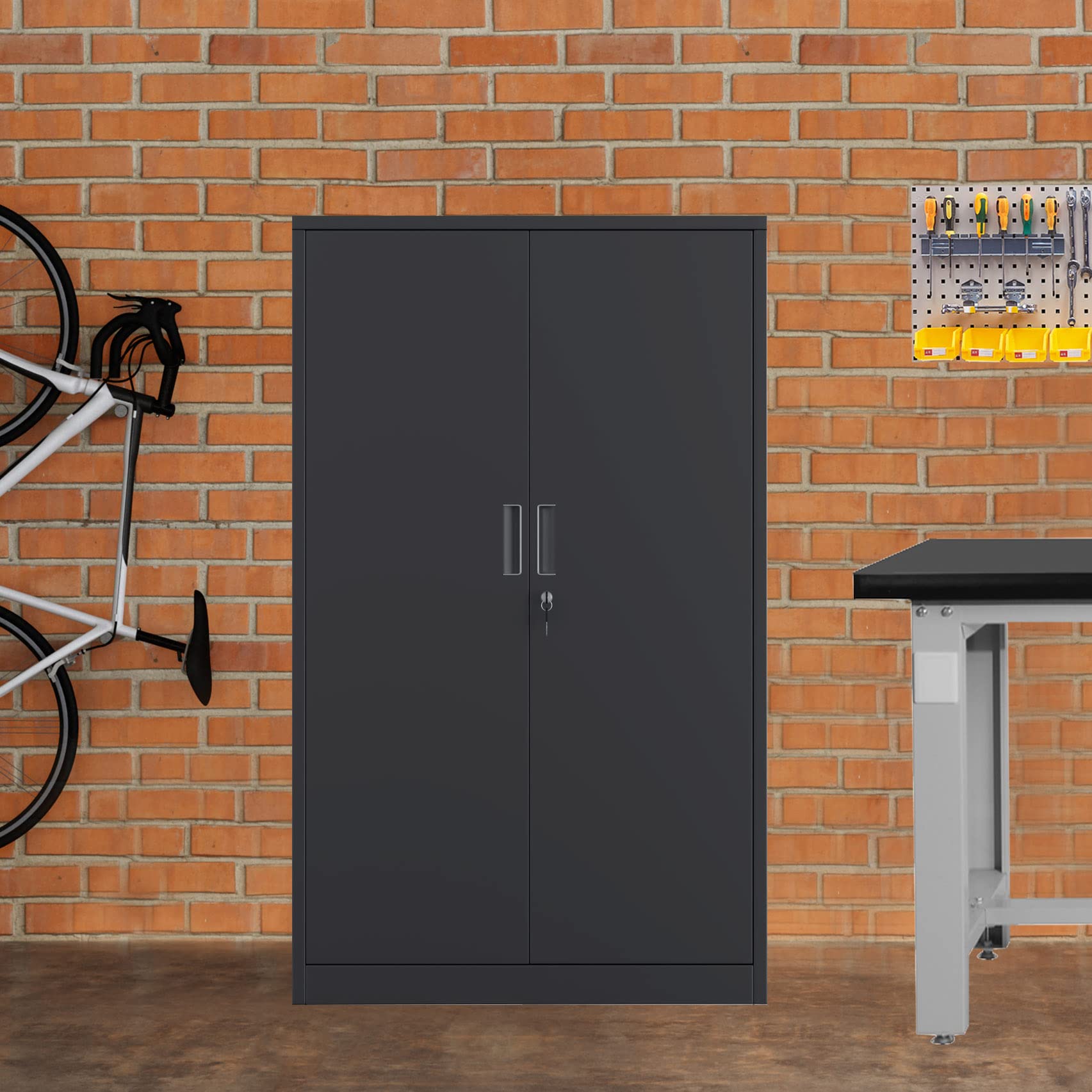 iJINGUR Metal Storage Cabinet with Locking Doors and 3 Adjustable Shelves, 53.5-Inch Tall Lockable Steel Storage Cabinets for Home Office Garage Pantry (Black)