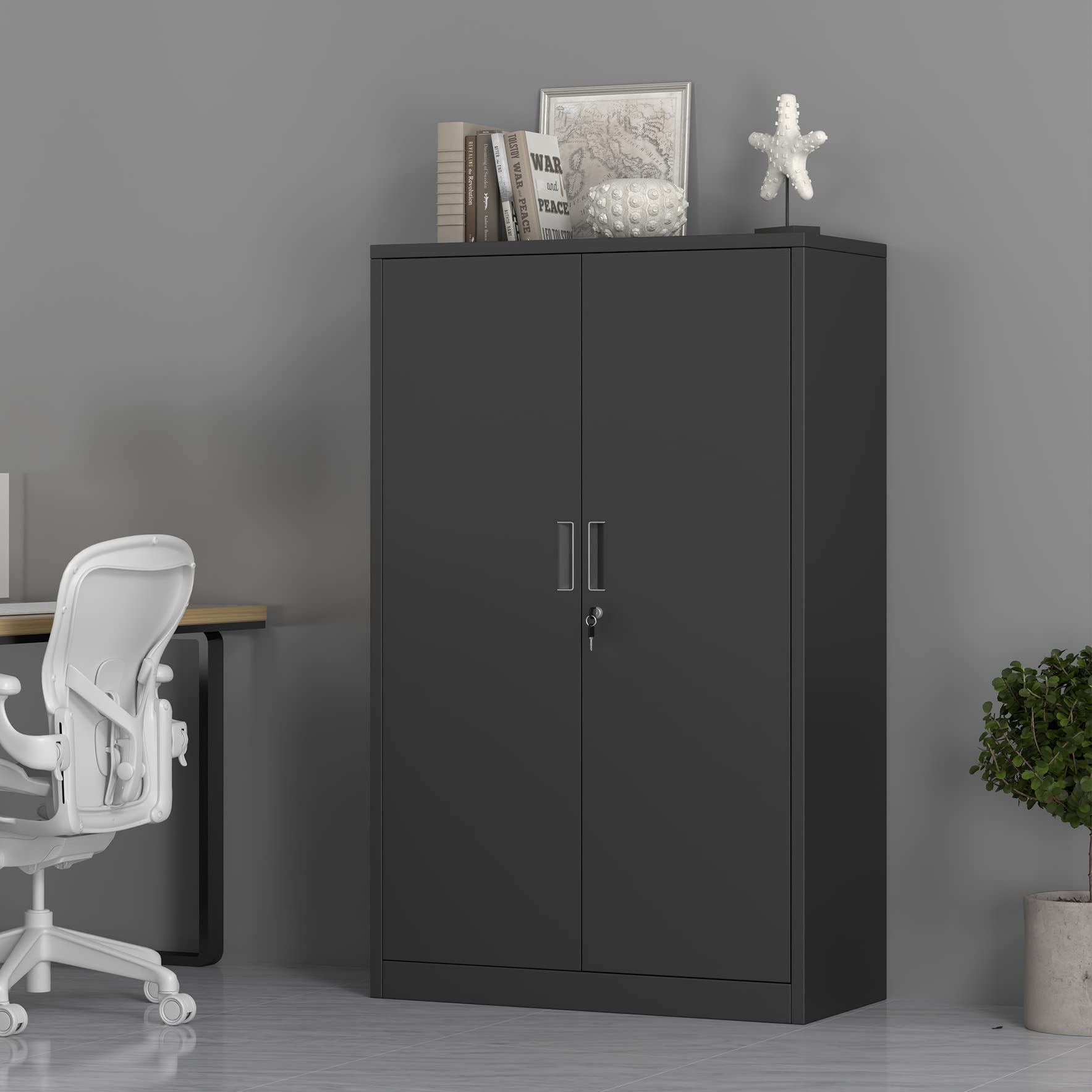 iJINGUR Metal Storage Cabinet with Locking Doors and 3 Adjustable Shelves, 53.5-Inch Tall Lockable Steel Storage Cabinets for Home Office Garage Pantry (Black)