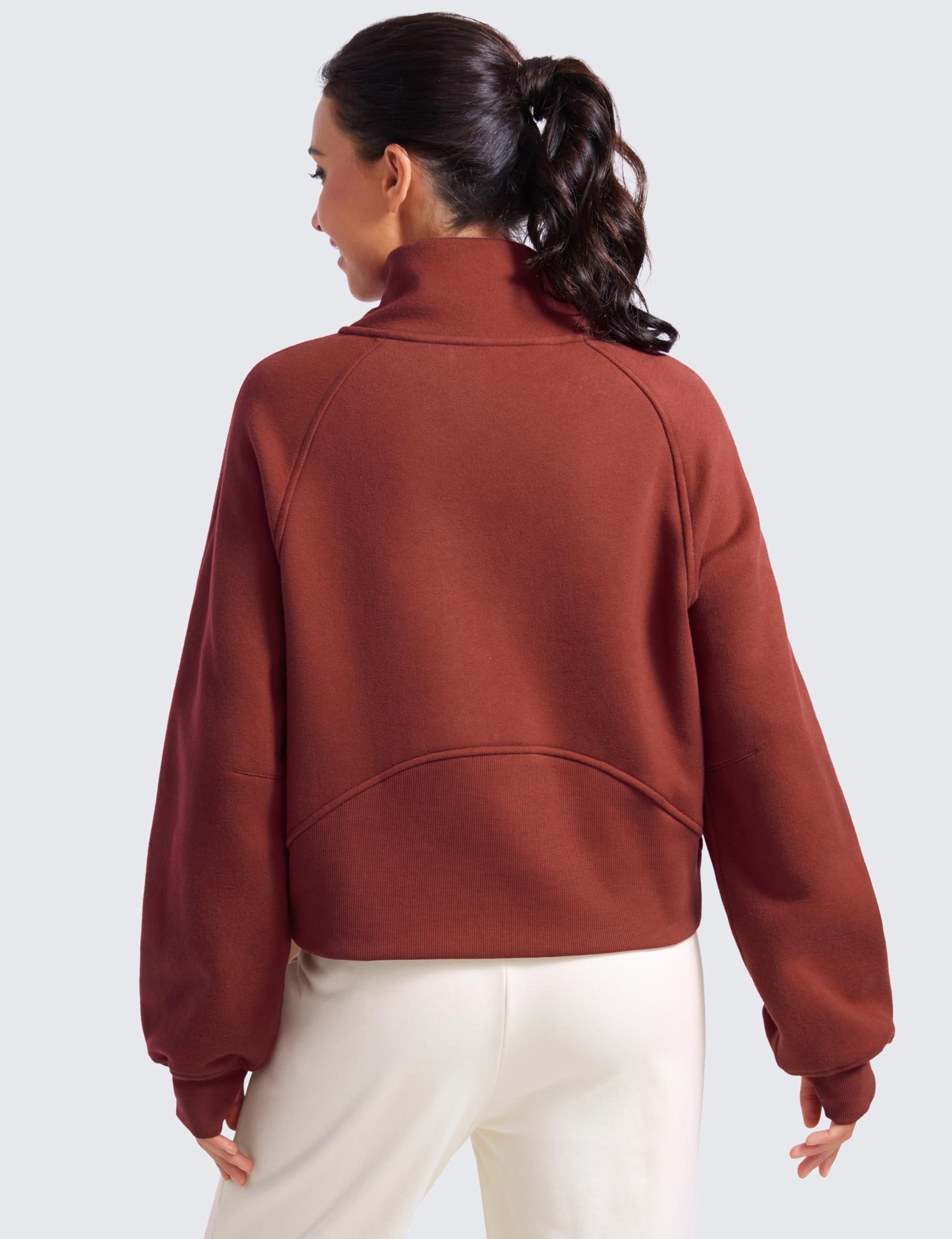 CRZ YOGA Womens Fleece Lined Half Zipper Sweatshirts Funnel Neck Long Sleeve Oversized Pullover Hoodies with Thumb Holes Jujube Brown Medium