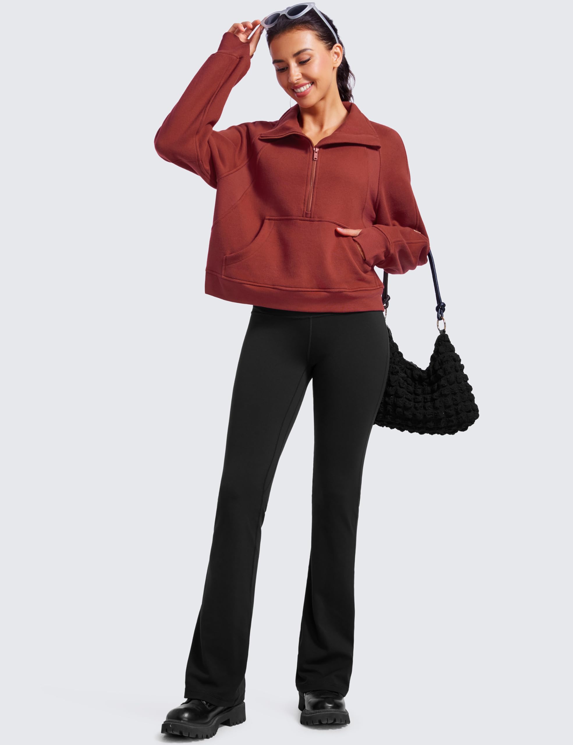 CRZ YOGA Womens Fleece Lined Half Zipper Sweatshirts Funnel Neck Long Sleeve Oversized Pullover Hoodies with Thumb Holes Jujube Brown Medium