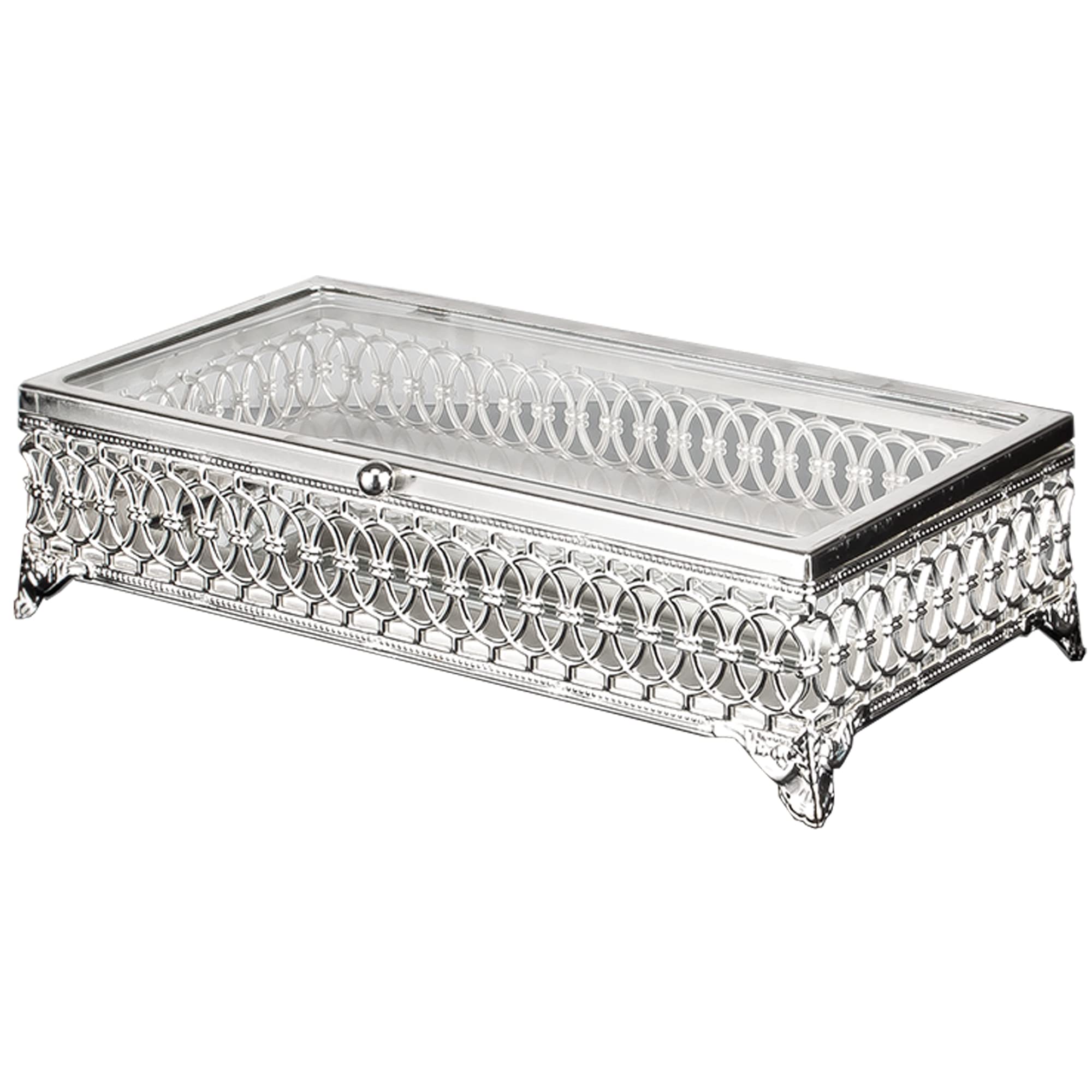 Handmade Fancy Keepsake Boxes, Metal Display Cases with Clear Acrylic Lids, Vintage Gold Jewelry Box, Decorative Boxes with Lids for Home Décor, and Storage (Medium, Silver)