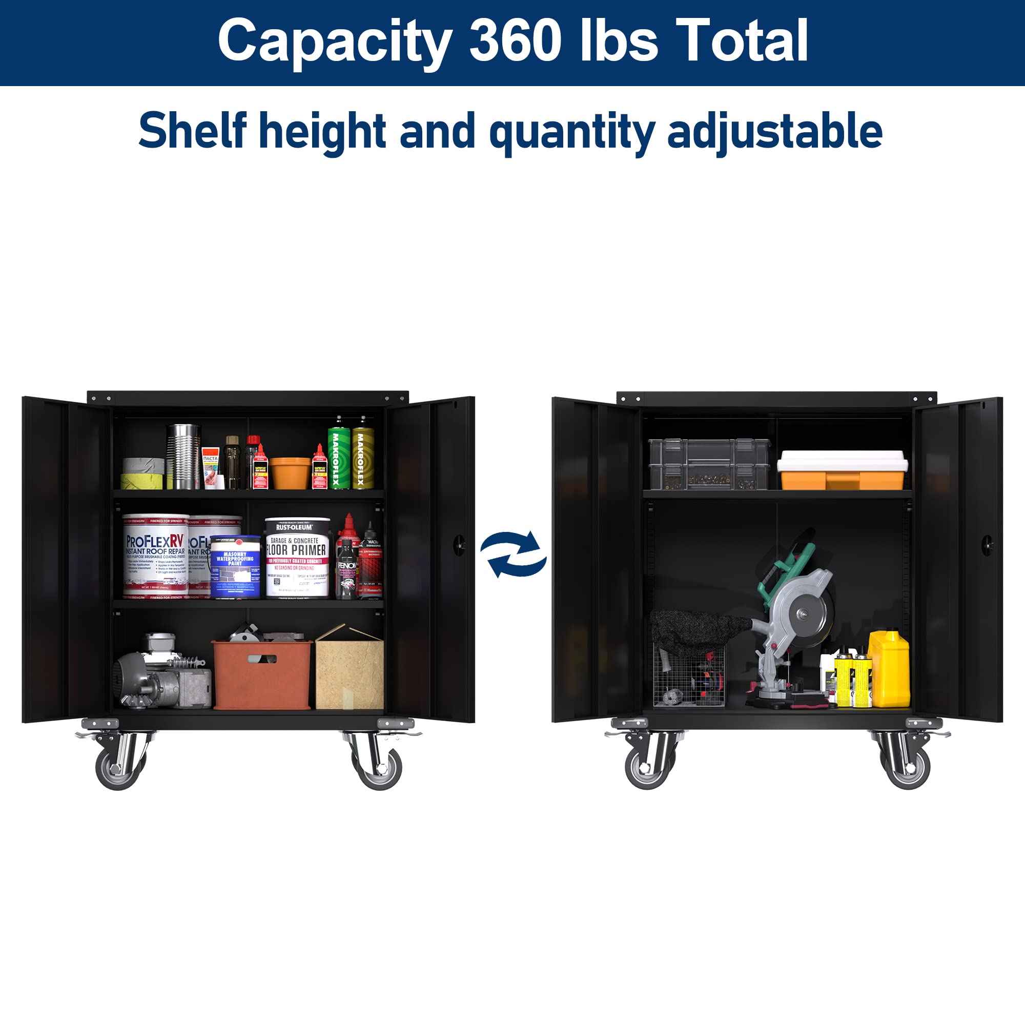 Aobabo 35.4'' Tall Metal Storage Cabinet with Wheels,Lockable Rolling Storage Cabinet for Garage,Office,Home,Steel Tool Chest Cabinet with 2 Shelves,Black
