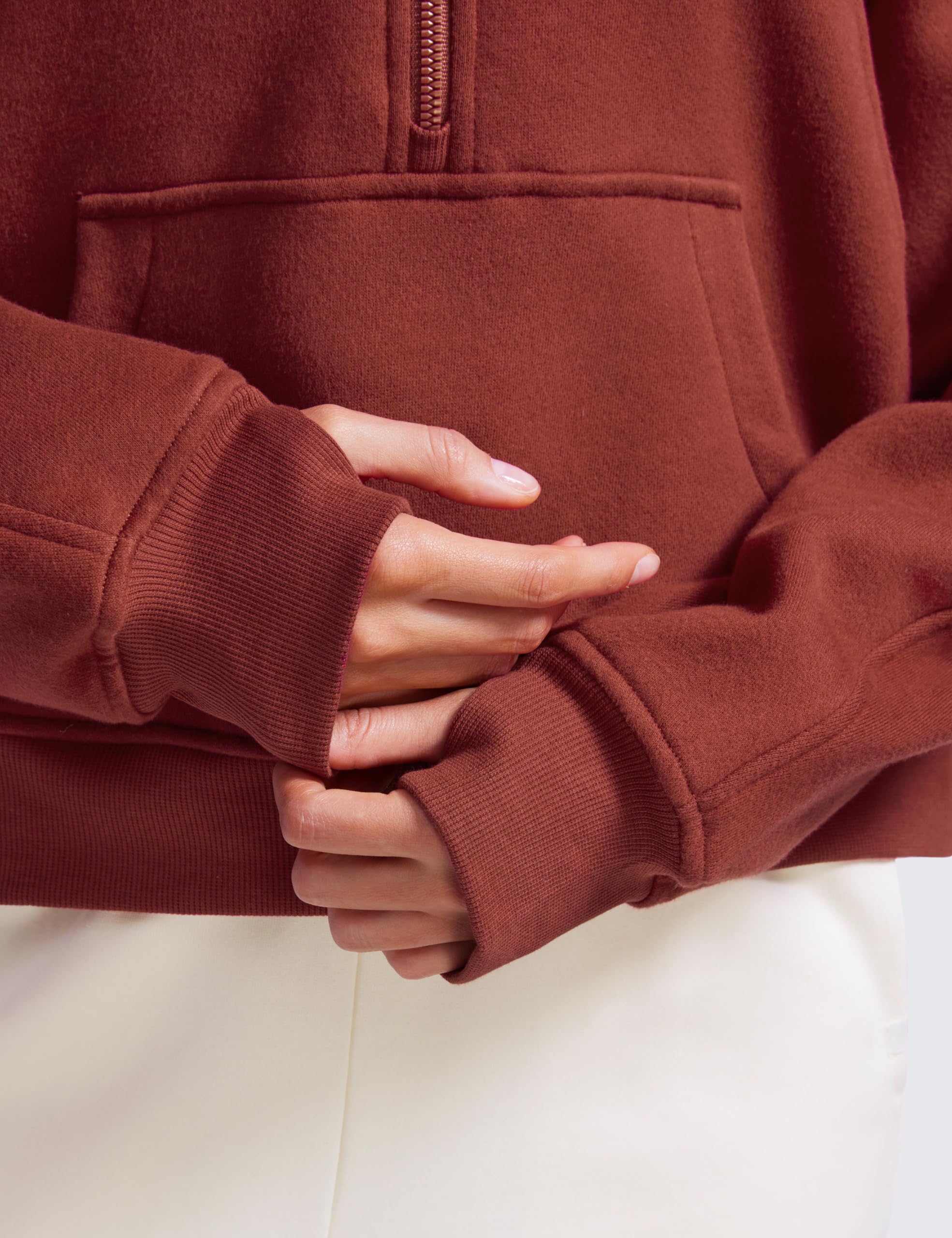 CRZ YOGA Womens Fleece Lined Half Zipper Sweatshirts Funnel Neck Long Sleeve Oversized Pullover Hoodies with Thumb Holes Jujube Brown Medium