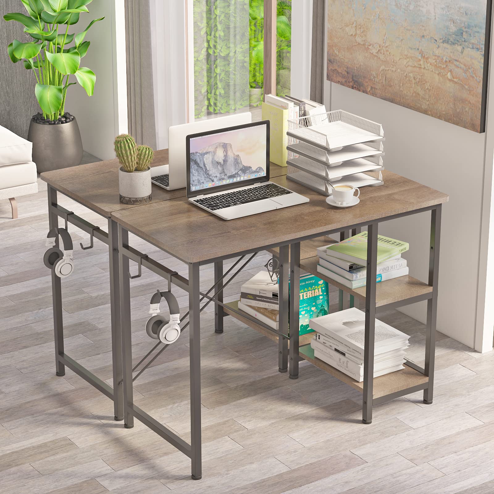 Engriy Writing Computer Desk 39", Home Office Study Desk with 2 Hooks and Storage Shelves on Left or Right Side, Industrial Simple Workstation Wood Table Metal Frame for PC Laptop, Black Oak