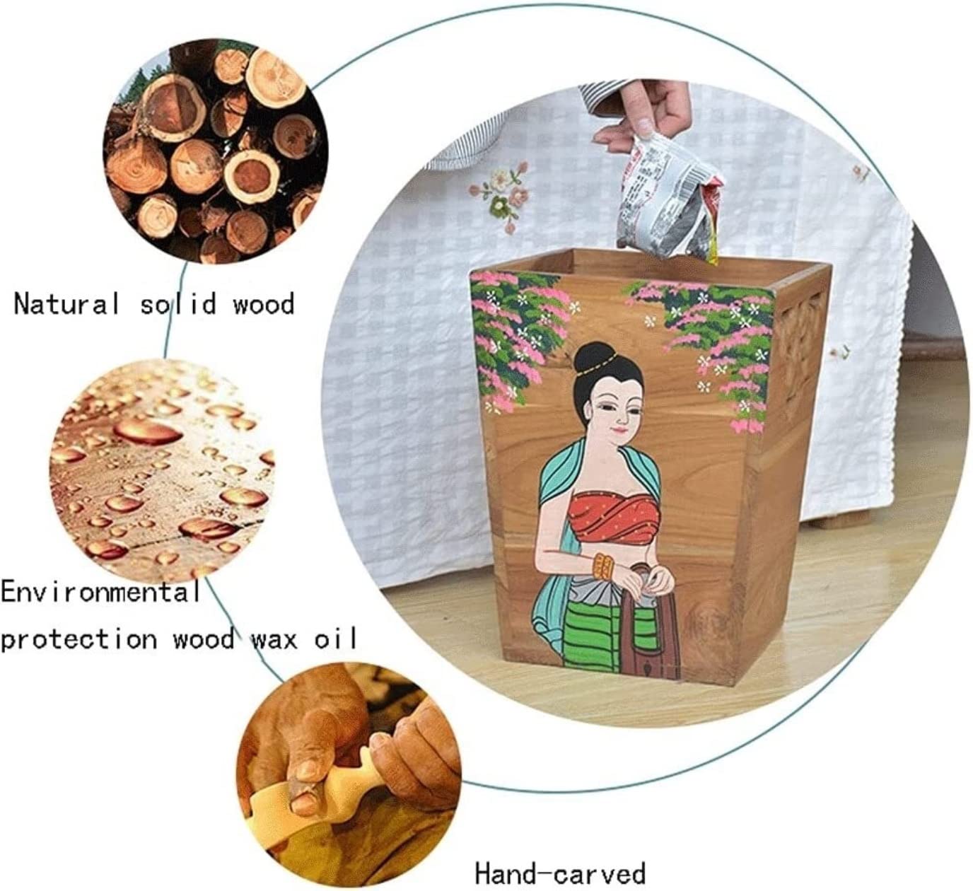 Habrur Garbage Can Trash Can Retro Trash Can Waste Bins Wood Trash Can Household Office Garbage Bin for Home Bedroom Trash Bin Garbage Bin