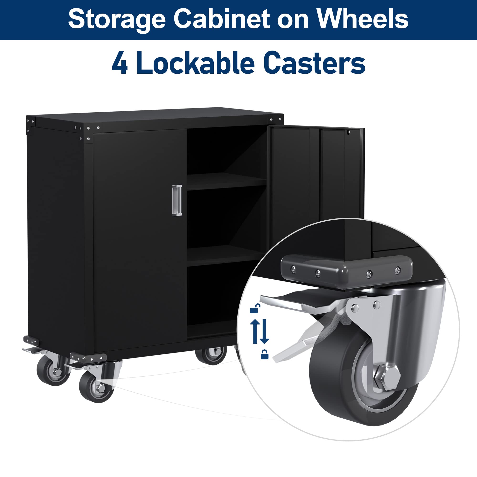 Aobabo 35.4'' Tall Metal Storage Cabinet with Wheels,Lockable Rolling Storage Cabinet for Garage,Office,Home,Steel Tool Chest Cabinet with 2 Shelves,Black