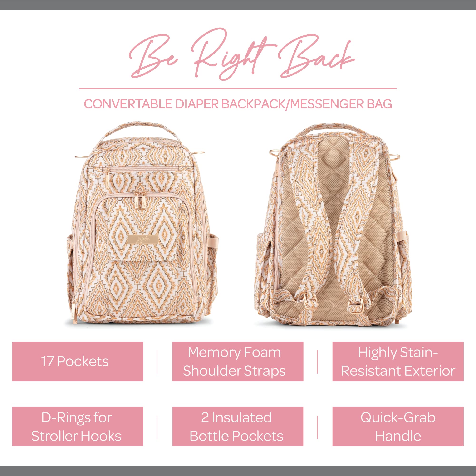 JuJuBe Diaper Bag, Travel Backpack with Portable Changing Pad, Stroller Hooks, Pockets for Baby Bottles, Diapers, Pacifier, Wipes, Snacks, Essentials, Mommy Carrier, Be Right Back - Dotted Diamond