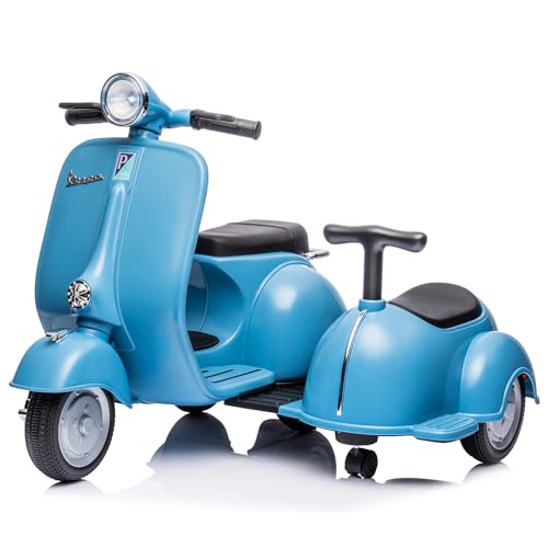 Licensed Vespa Ride-On Motorcycle with Side Car - 6V Electric Car for Boys and Girls - Two-Seat Ride-On Toy with Music and Storage Bin (Blue)