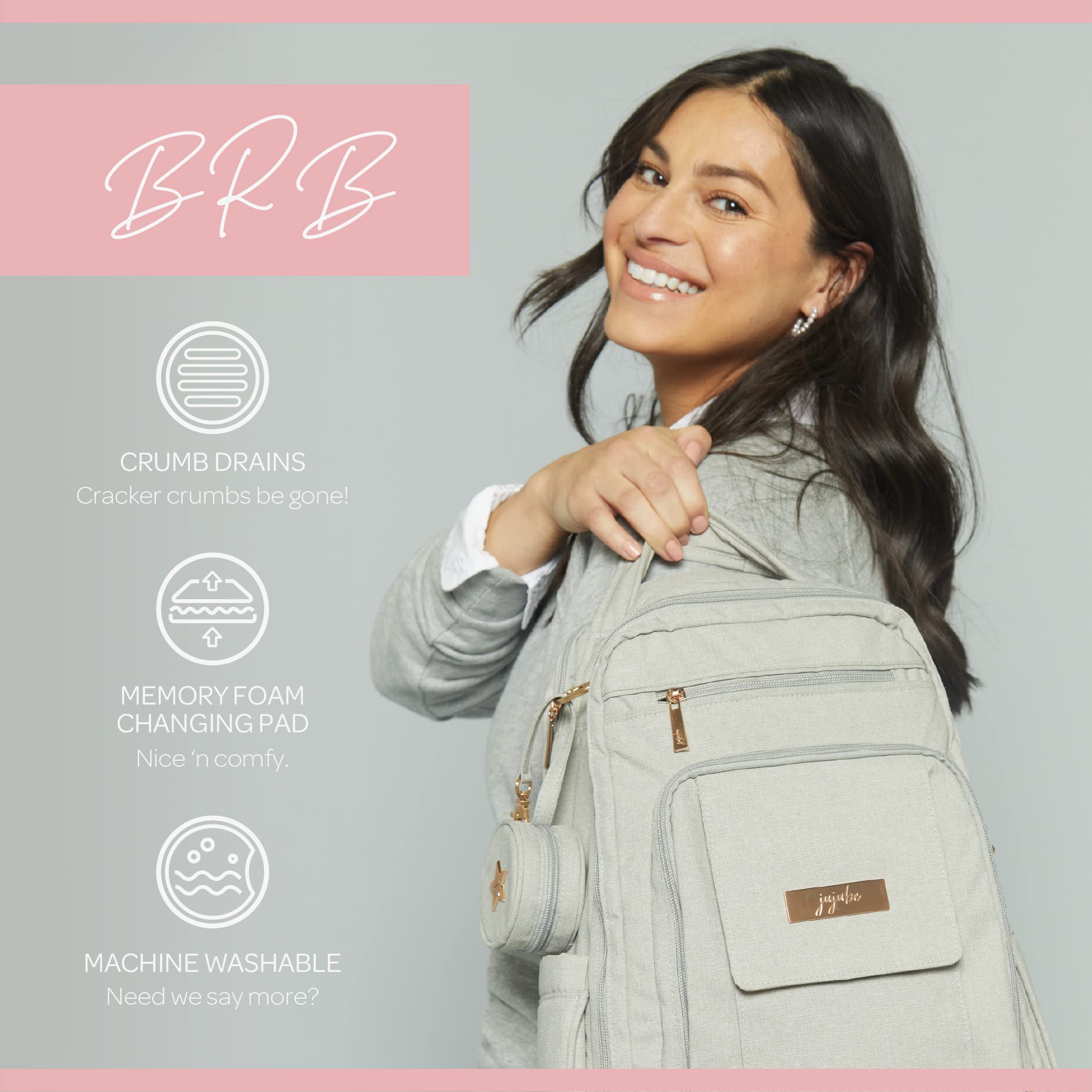 JuJuBe Diaper Bag, Travel Backpack with Portable Changing Pad, Stroller Hooks, Pockets for Baby Bottles, Diapers, Pacifier, Wipes, Snacks, Essentials, Mommy Carrier, Be Right Back - Dotted Diamond