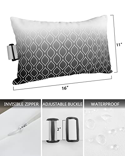 Recliner Head Pillow Ledge Loungers Chair Pillows with Insert Black White Ombre Geometric Trellis Morrocan Lumbar Pillow with Adjustable Strap Outdoor Waterproof Patio Pillows for Beach Pool, 2 PCS