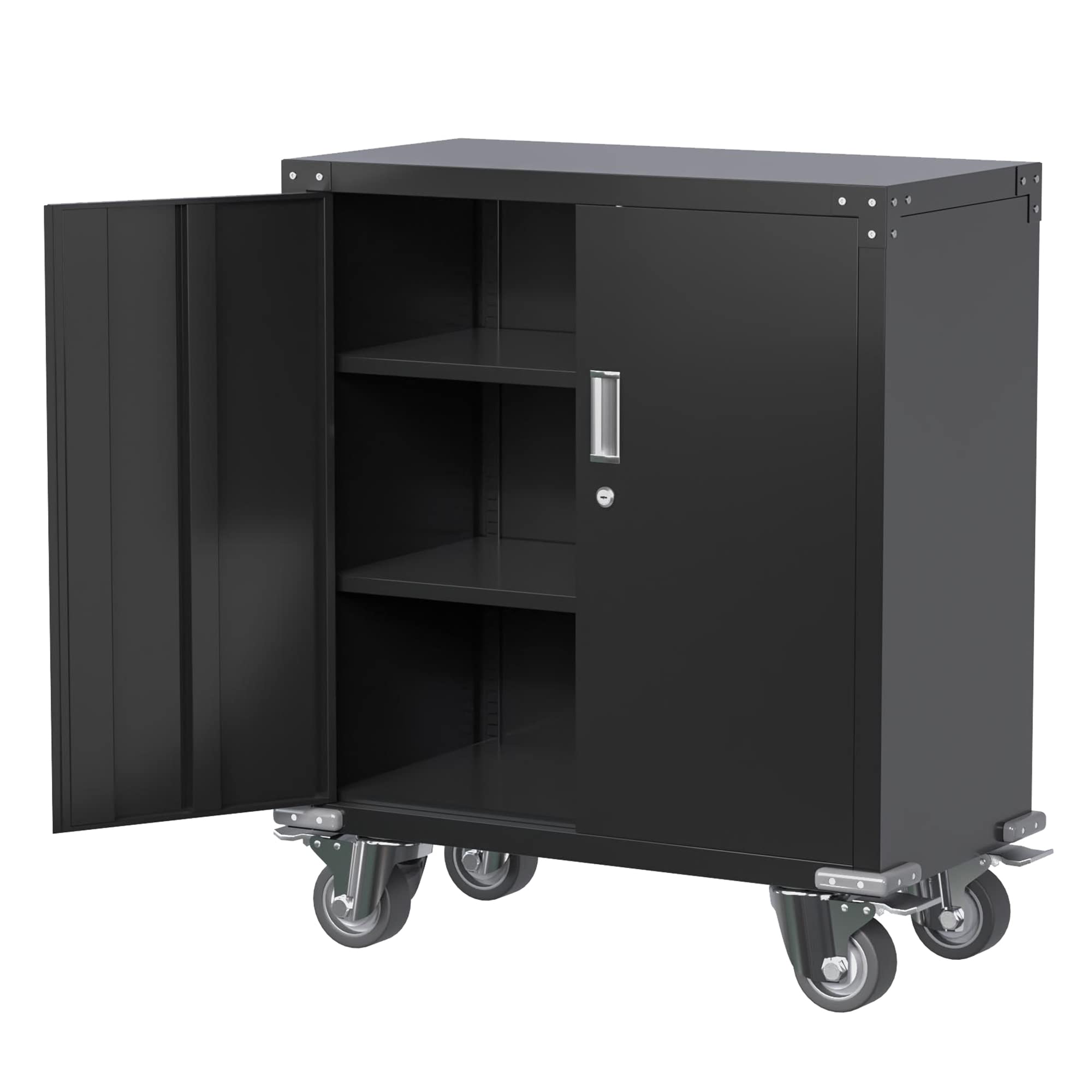 Aobabo 35.4'' Tall Metal Storage Cabinet with Wheels,Lockable Rolling Storage Cabinet for Garage,Office,Home,Steel Tool Chest Cabinet with 2 Shelves,Black