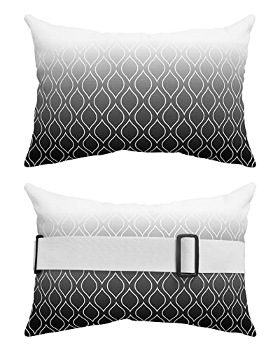 Recliner Head Pillow Ledge Loungers Chair Pillows with Insert Black White Ombre Geometric Trellis Morrocan Lumbar Pillow with Adjustable Strap Outdoor Waterproof Patio Pillows for Beach Pool, 2 PCS