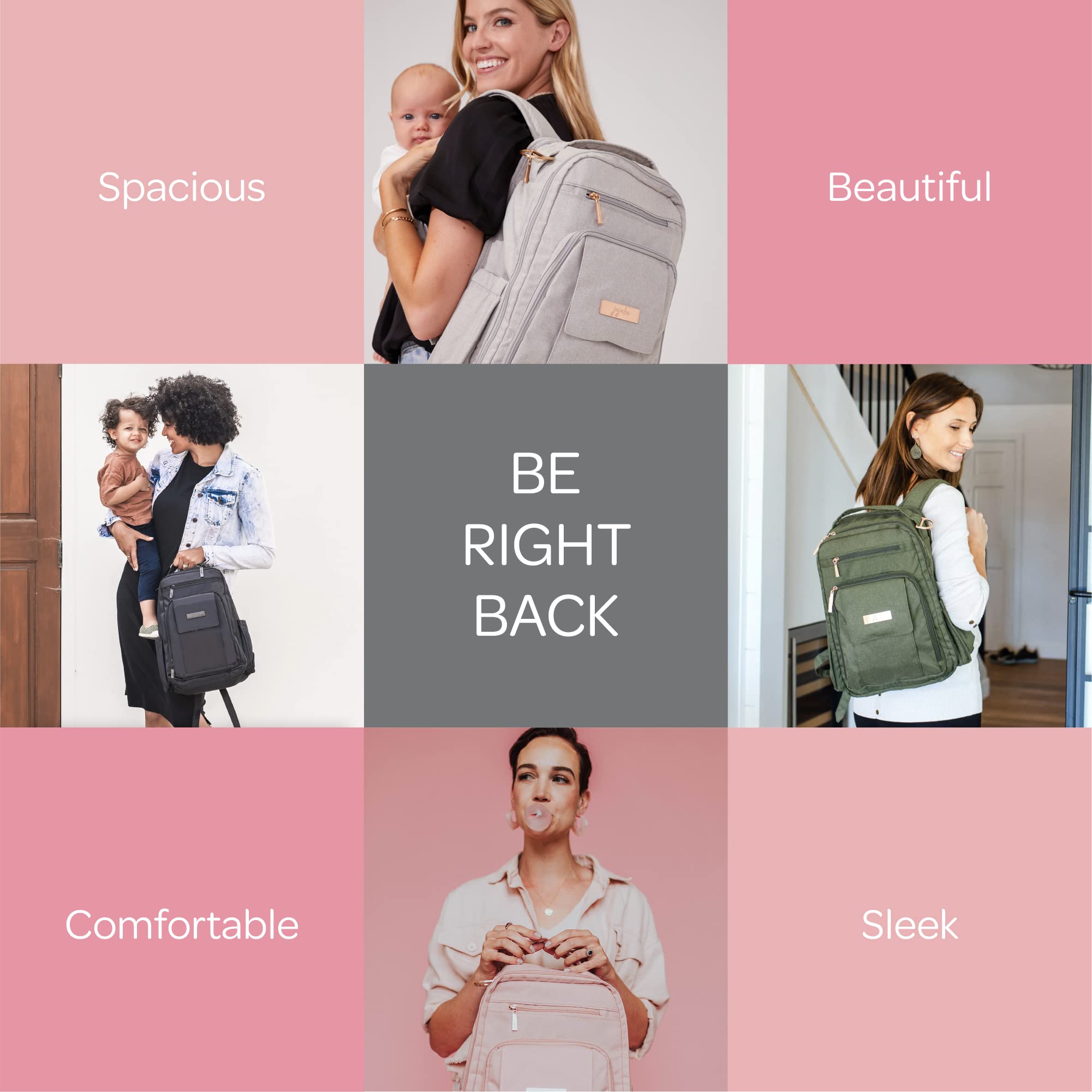 JuJuBe Diaper Bag, Travel Backpack with Portable Changing Pad, Stroller Hooks, Pockets for Baby Bottles, Diapers, Pacifier, Wipes, Snacks, Essentials, Mommy Carrier, Be Right Back - Dotted Diamond