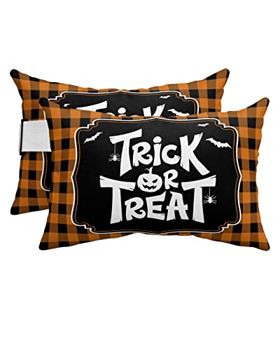 Recliner Head Pillow Ledge Loungers Chair Pillows with Insert Trick or Treat Pumpkin on Buffalo Plaid Lumbar Pillow with Adjustable Strap Outdoor Waterproof Patio Pillows for Beach Pool, 2 PCS