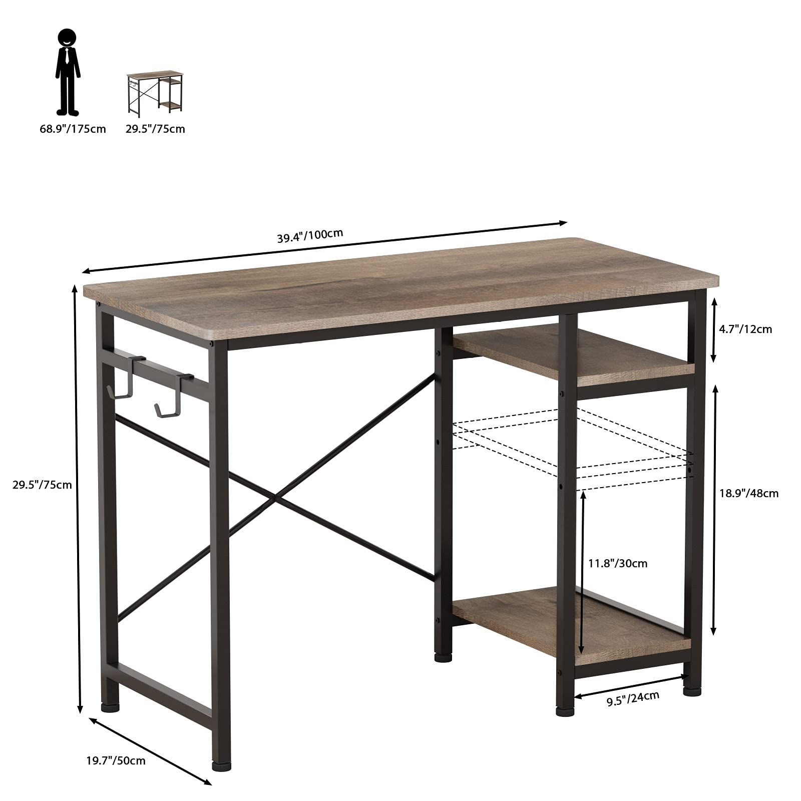Engriy Writing Computer Desk 39", Home Office Study Desk with 2 Hooks and Storage Shelves on Left or Right Side, Industrial Simple Workstation Wood Table Metal Frame for PC Laptop, Black Oak