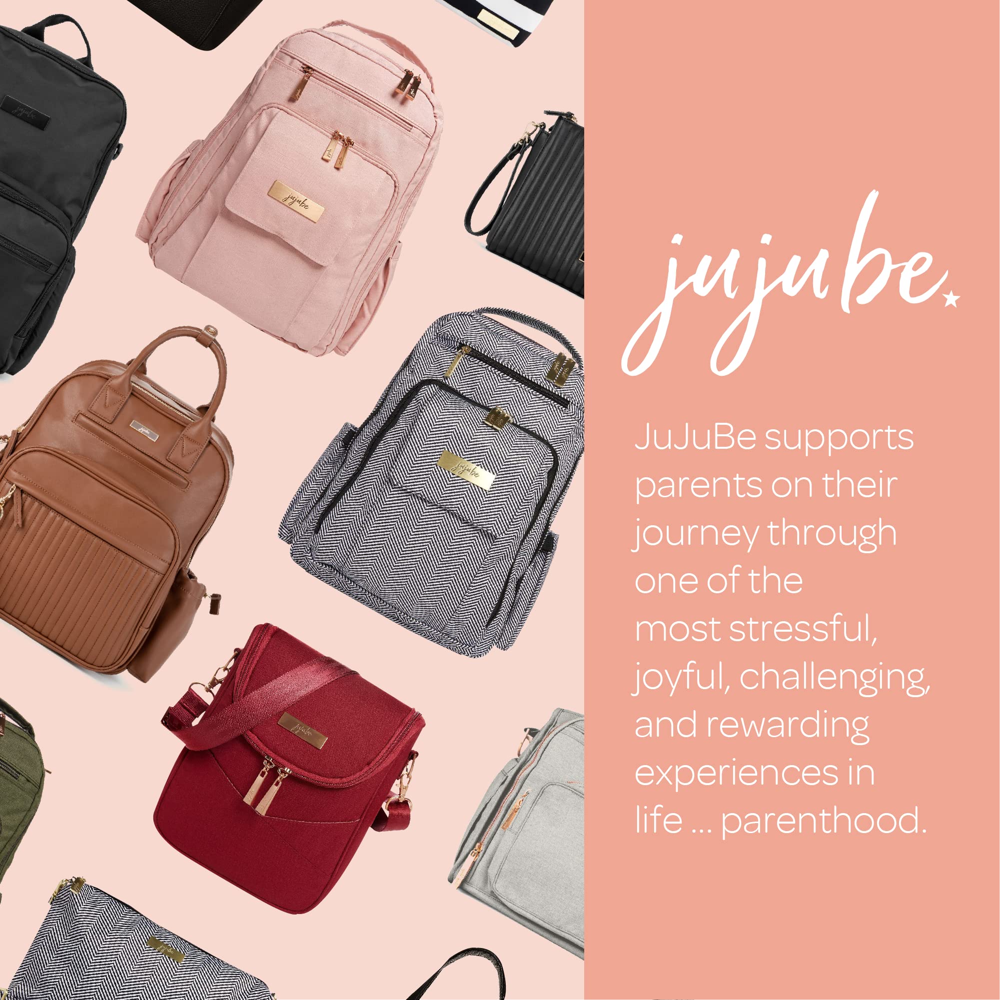 JuJuBe Diaper Bag, Travel Backpack with Portable Changing Pad, Stroller Hooks, Pockets for Baby Bottles, Diapers, Pacifier, Wipes, Snacks, Essentials, Mommy Carrier, Be Right Back - Dotted Diamond