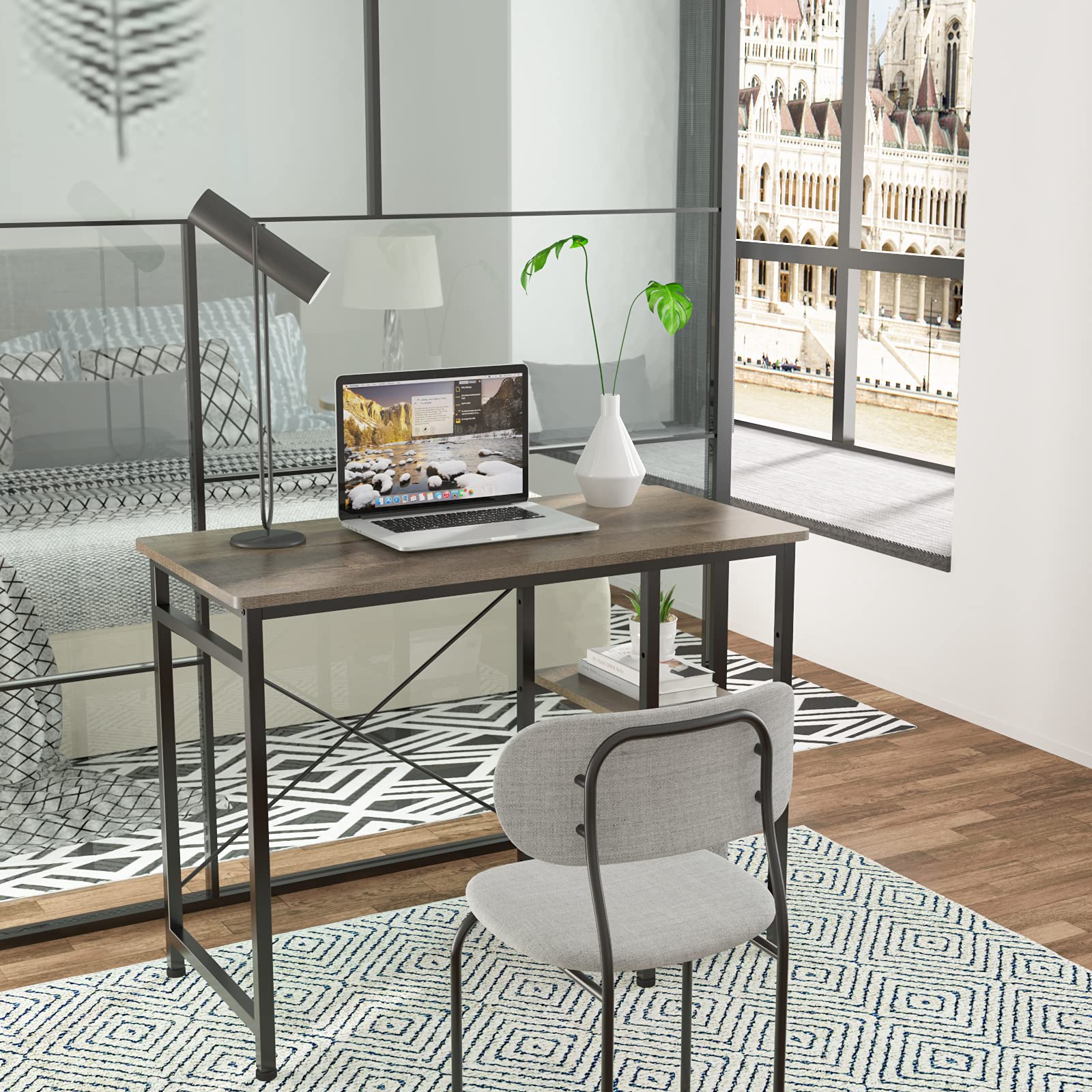 Engriy Writing Computer Desk 39", Home Office Study Desk with 2 Hooks and Storage Shelves on Left or Right Side, Industrial Simple Workstation Wood Table Metal Frame for PC Laptop, Black Oak