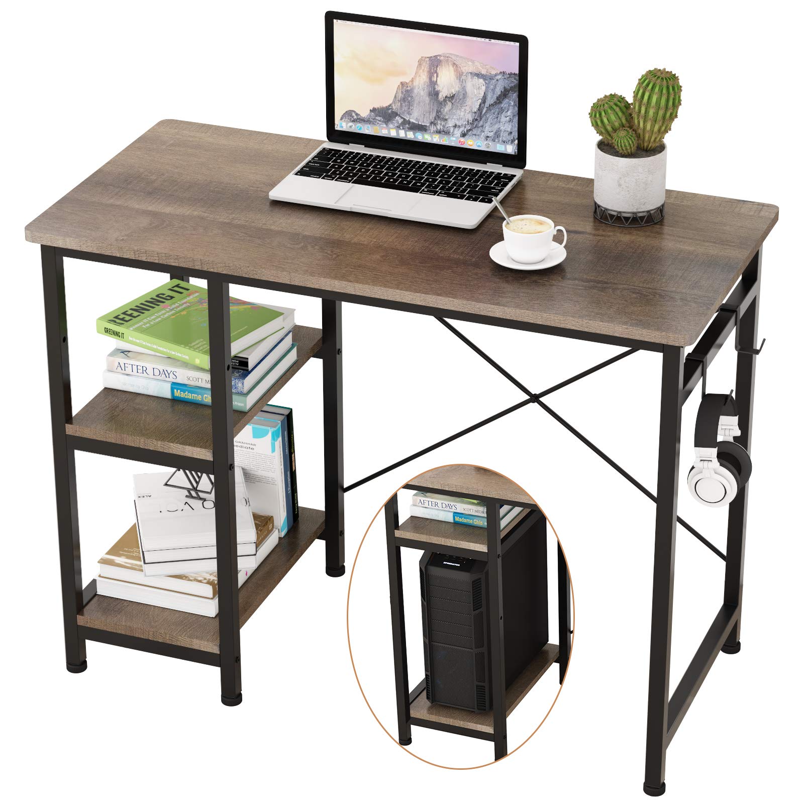 Engriy Writing Computer Desk 39", Home Office Study Desk with 2 Hooks and Storage Shelves on Left or Right Side, Industrial Simple Workstation Wood Table Metal Frame for PC Laptop, Black Oak