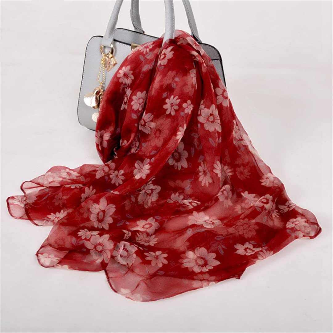 Green Silk Scarf Shawl Women Fall Winter Long Scarves Accessory Floral Design Neck Scarf Jujube red DFS11
