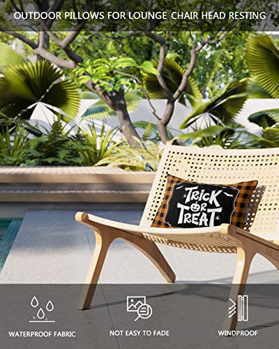 Recliner Head Pillow Ledge Loungers Chair Pillows with Insert Trick or Treat Pumpkin on Buffalo Plaid Lumbar Pillow with Adjustable Strap Outdoor Waterproof Patio Pillows for Beach Pool, 2 PCS