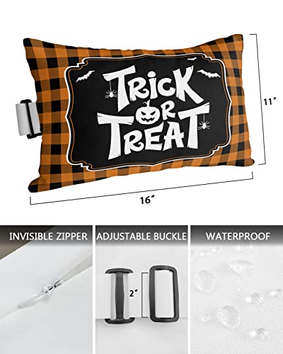 Recliner Head Pillow Ledge Loungers Chair Pillows with Insert Trick or Treat Pumpkin on Buffalo Plaid Lumbar Pillow with Adjustable Strap Outdoor Waterproof Patio Pillows for Beach Pool, 2 PCS